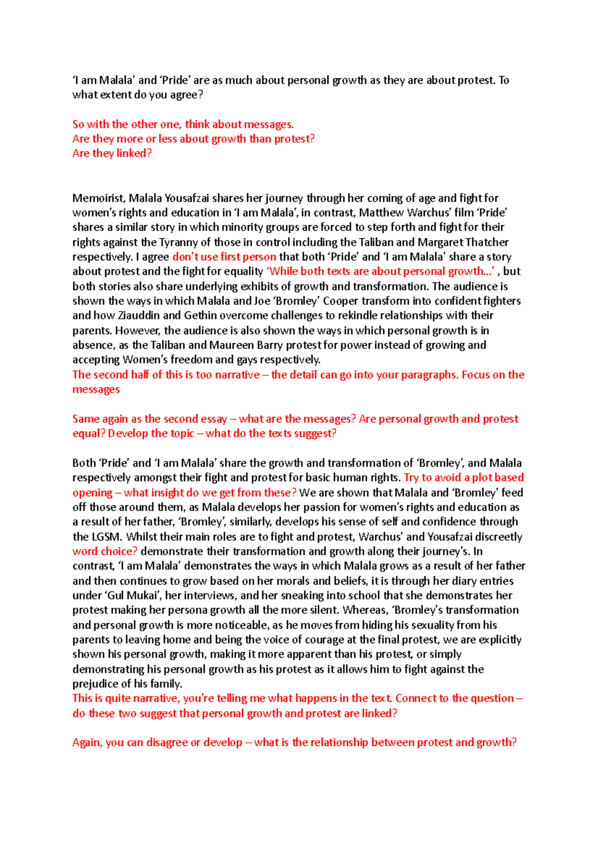 Malala practise essay - ‘I am Malala’ and ‘Pride’ are as much about ...