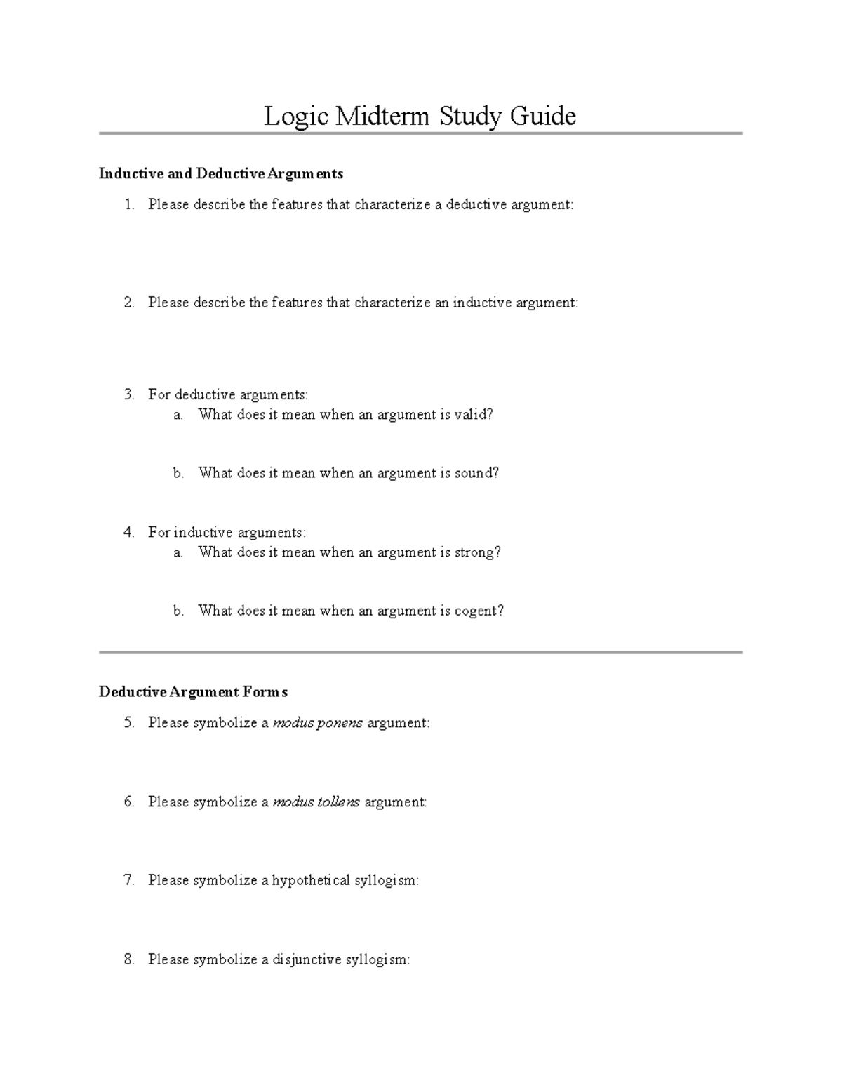 Logic Midterm Study Guide - Logic Midterm Study Guide Inductive and ...