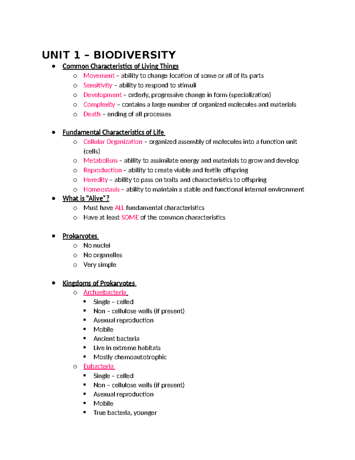 Biology Test Review - UNIT 1 – BIODIVERSITY Common Characteristics of ...