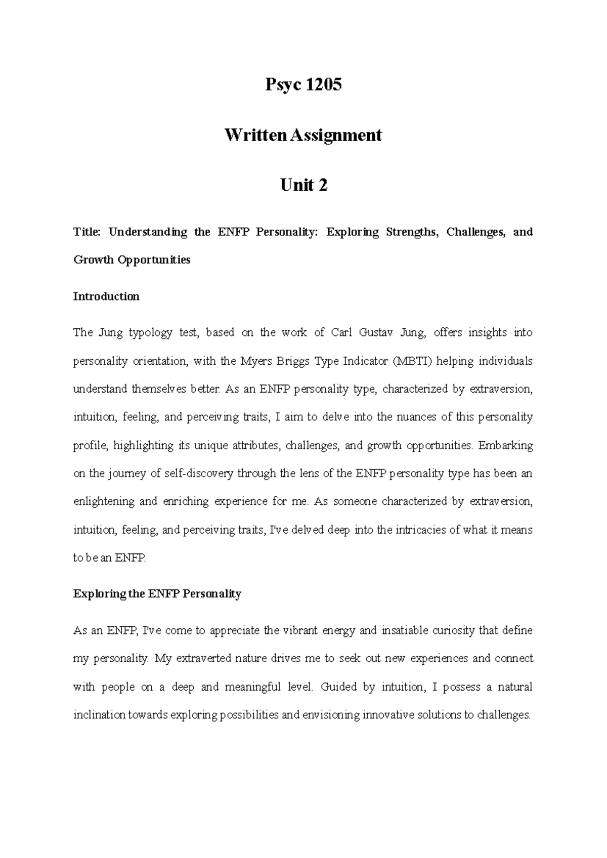 Psyc 1205 written Assignment Unit 2 - Psyc 1205 Written Assignment Unit 2 Title: Understanding ...