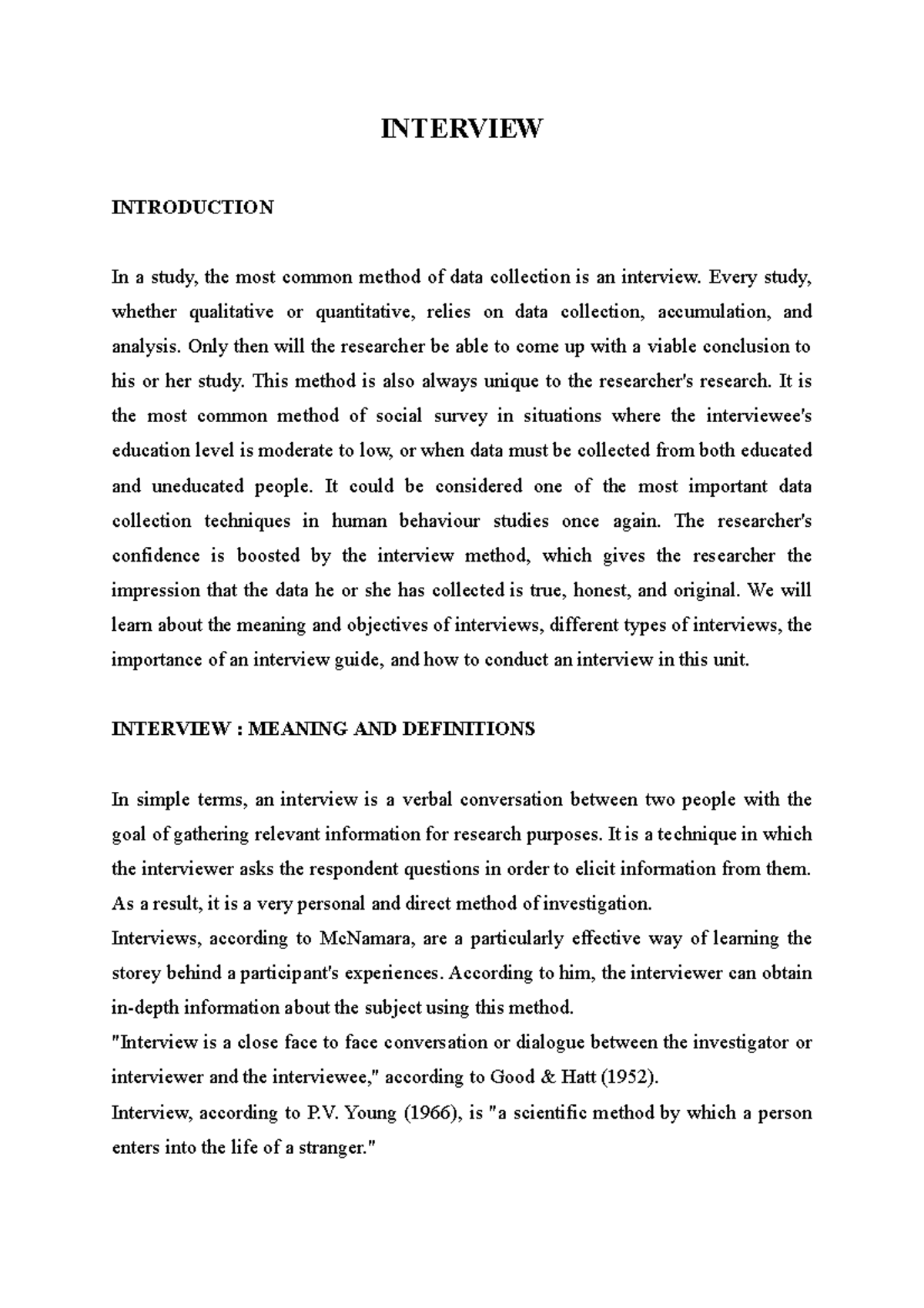 Interview - Lecture notes 6 - INTERVIEW INTRODUCTION In a study, the ...