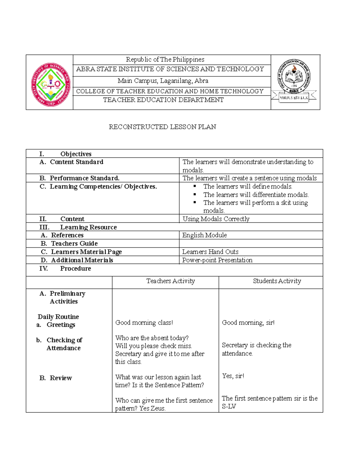 Reconstructed - Republic of The Philippines ABRA STATE INSTITUTE OF ...