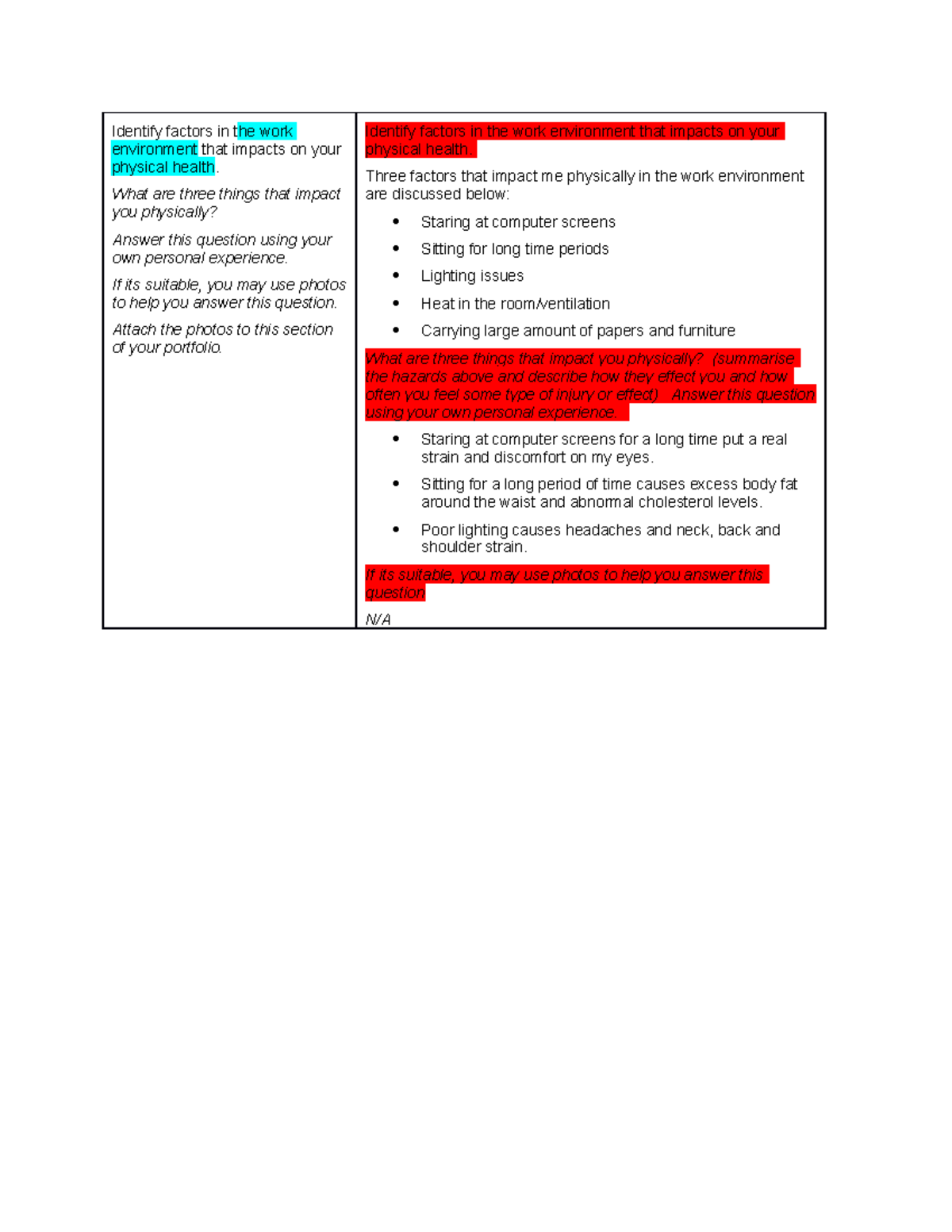 WHS 2 - Identify factors in the work environment that impacts on your ...