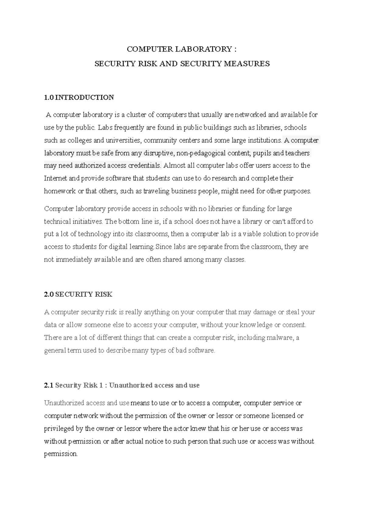 Lab Report 2 Physic - COMPUTER LABORATORY : SECURITY RISK AND SECURITY ...