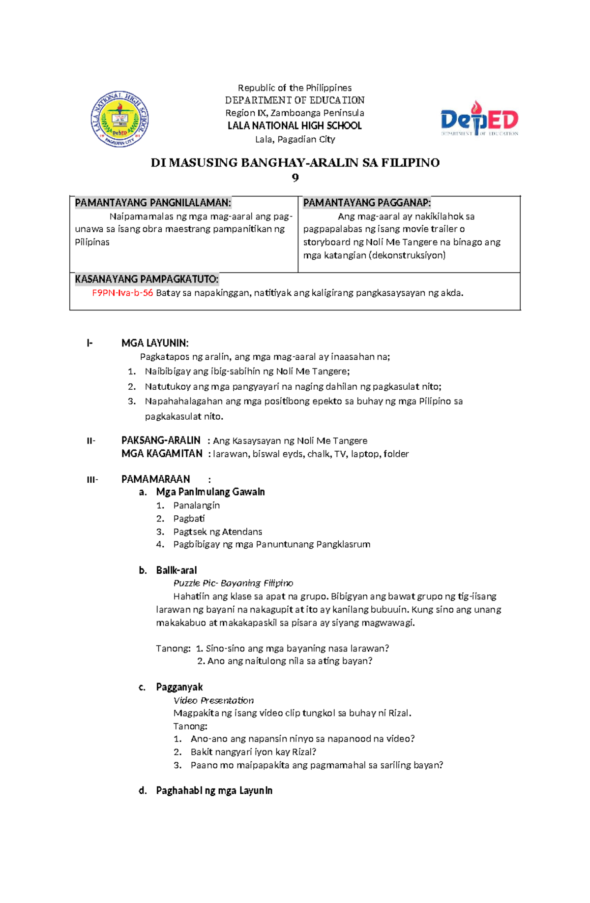 Filipino 9 lesson planpdf - Republic of the Philippines DEPARTMENT OF ...