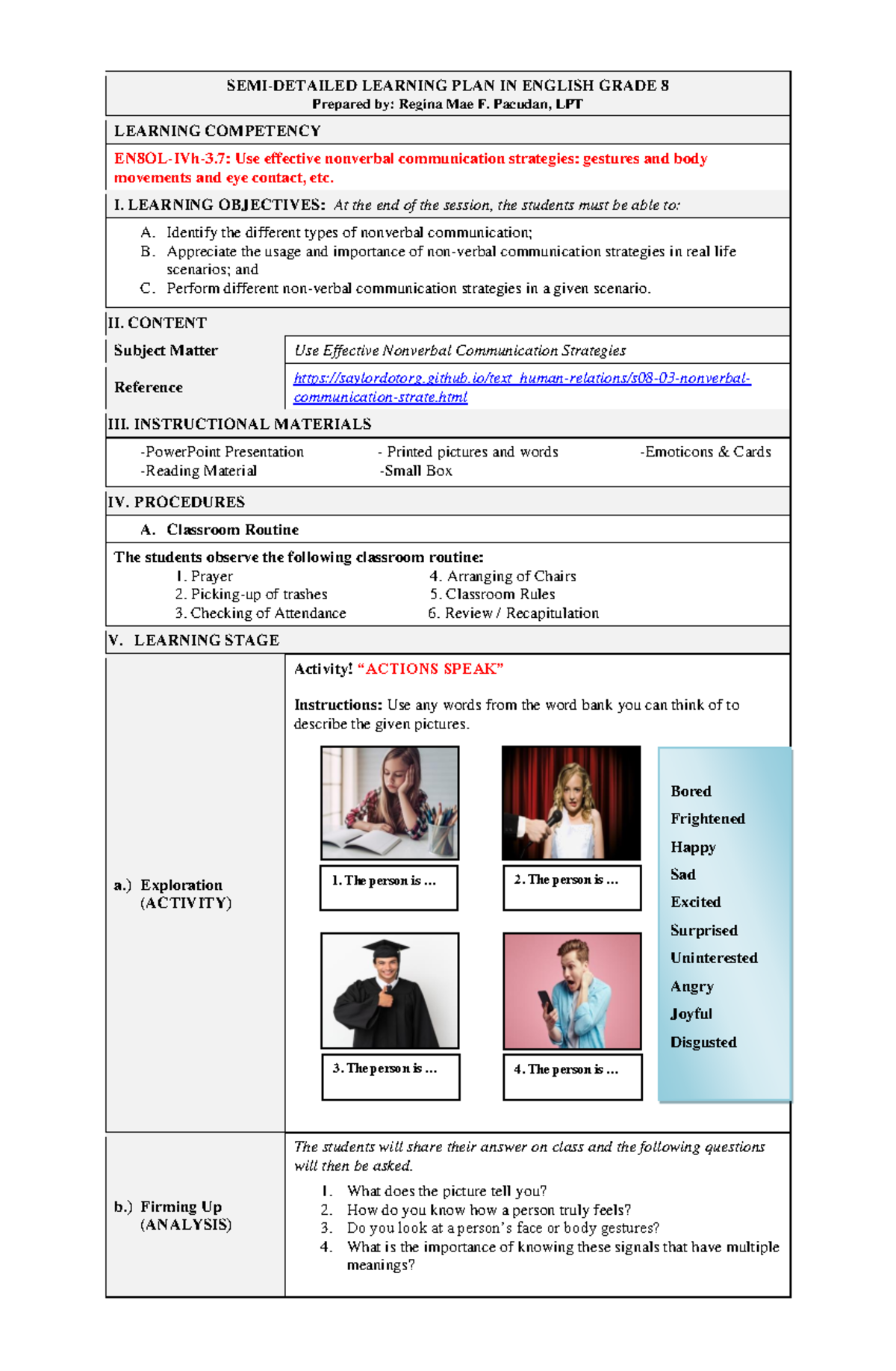 Grade 8 LP 2 - N/A - SEMI-DETAILED LEARNING PLAN IN ENGLISH GRADE 8 ...