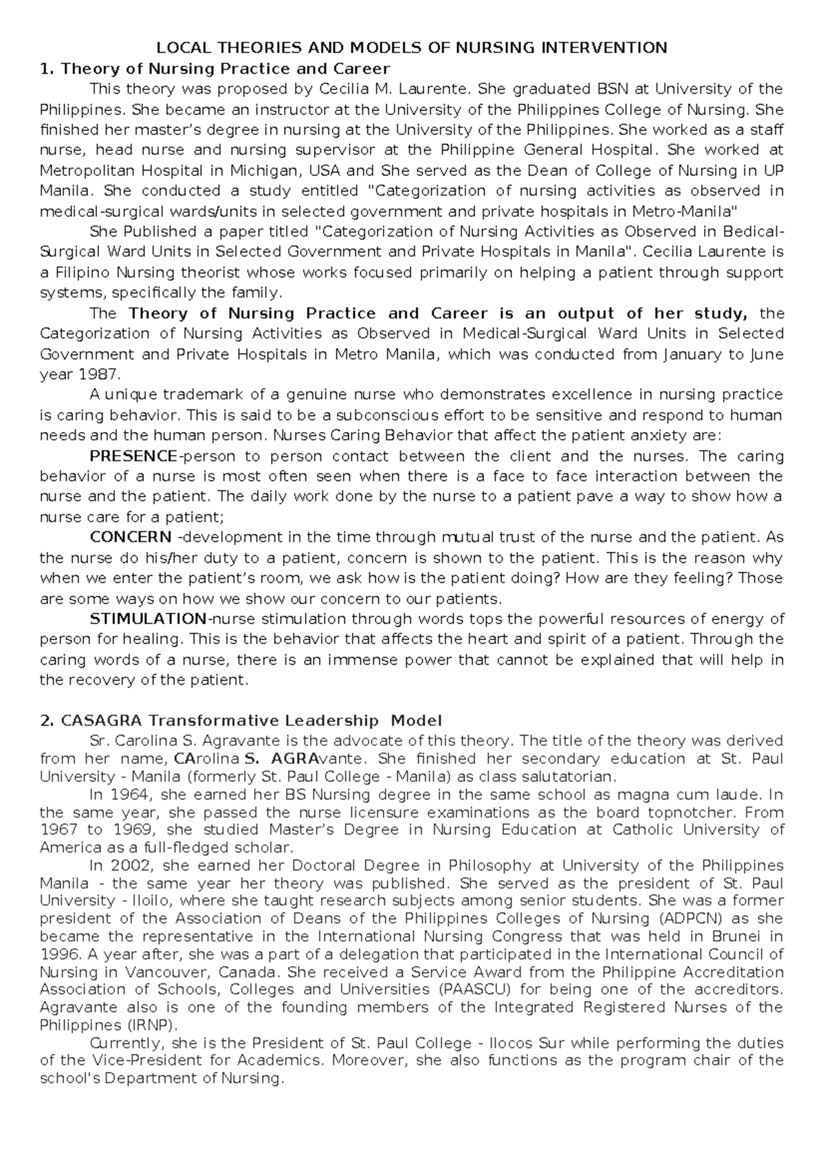 Tfn-notes - LOCAL THEORIES AND MODELS OF NURSING INTERVENTION Theory of ...