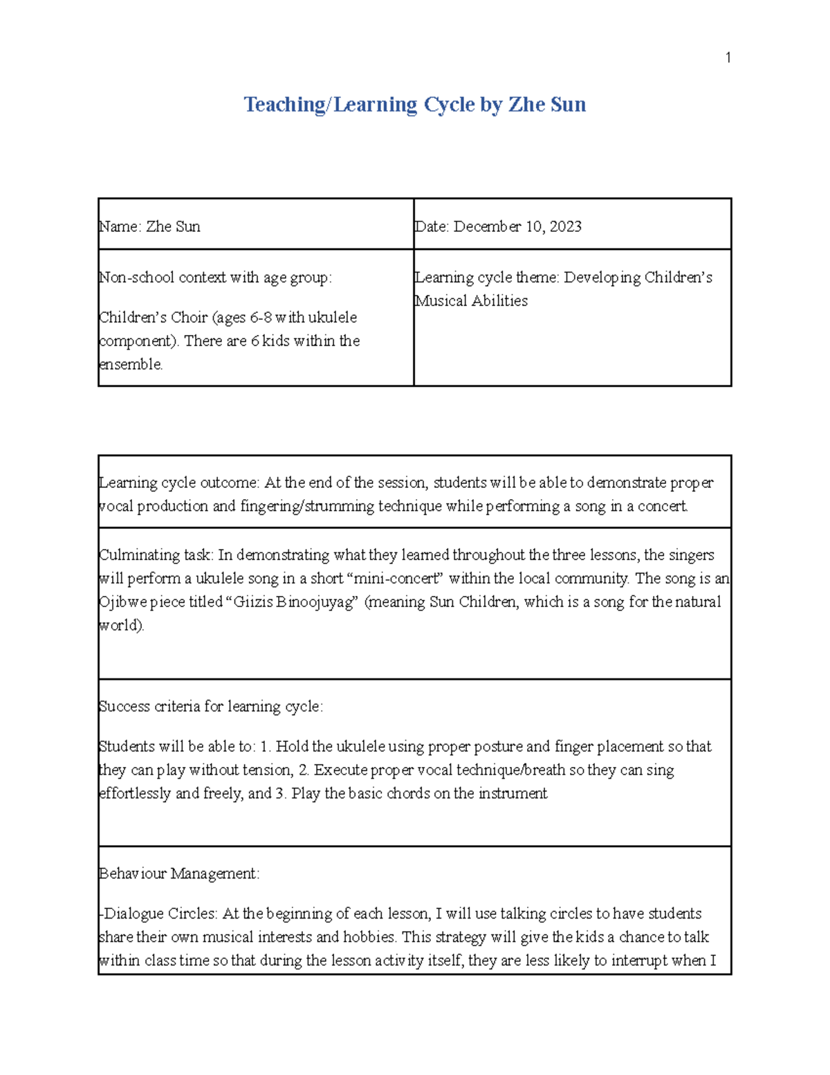 Teaching Learning cycle assignment template Zhe Sun - Teaching/Learning ...