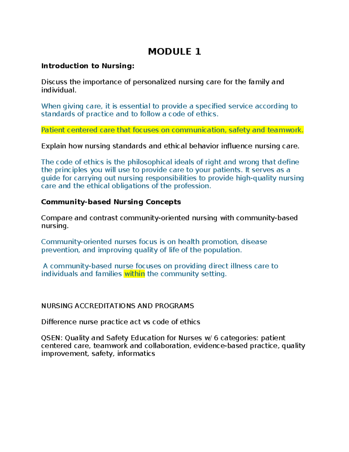 NUR3737C Study Guide - MODULE 1 Introduction to Nursing: Discuss the importance of personalized ...