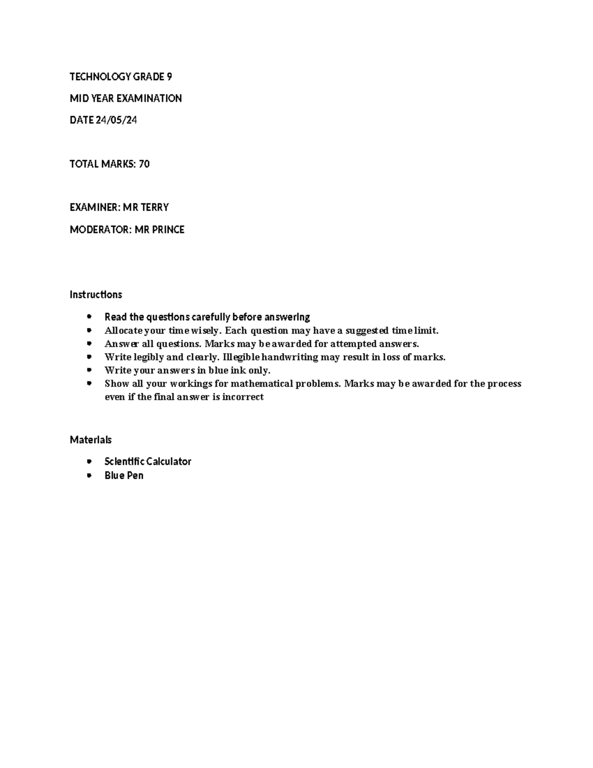 Technology Grade 9 controlled test - TECHNOLOGY GRADE 9 MID YEAR ...