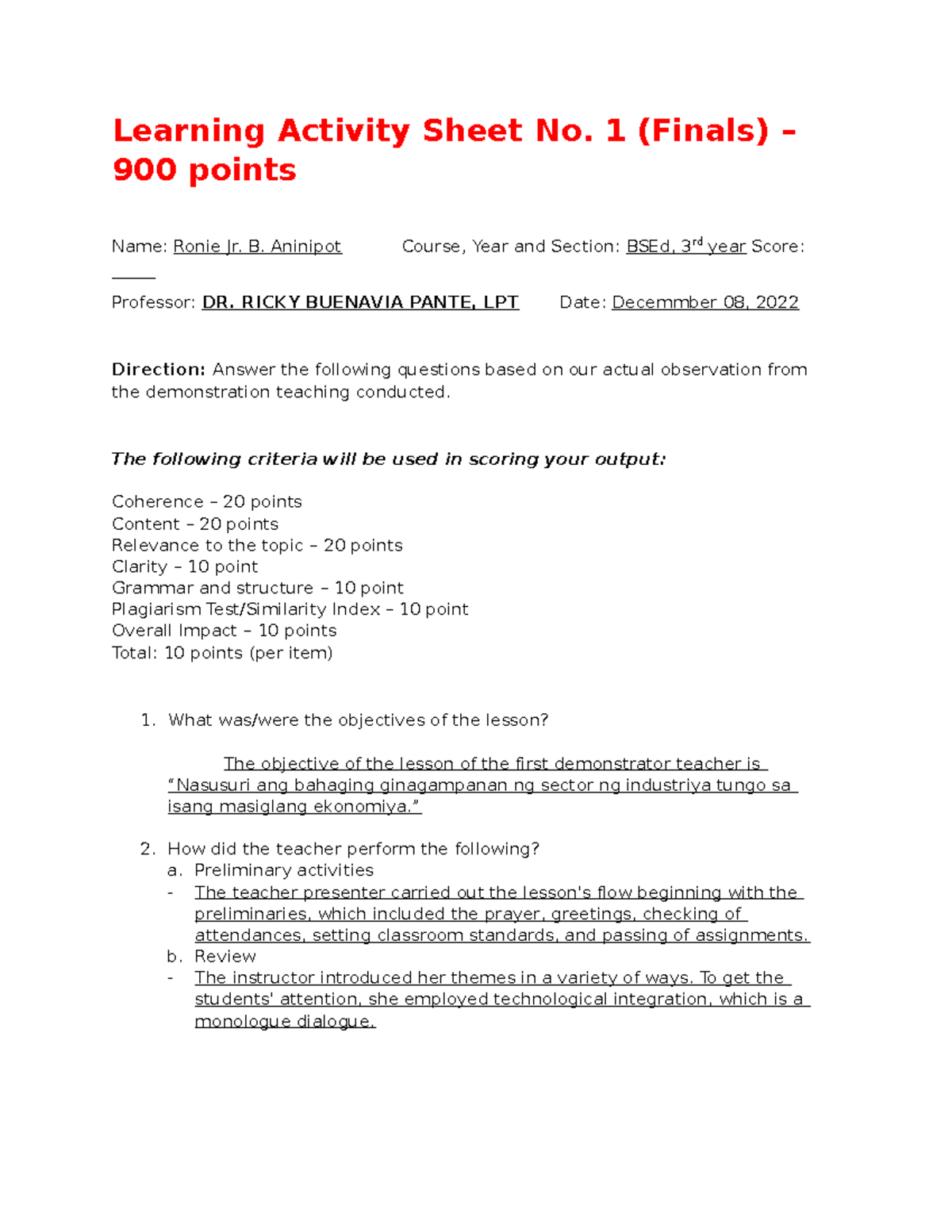 Learning Activity Sheet No1 - 1 (Finals) – 900 points Name: Ronie Jr. B ...