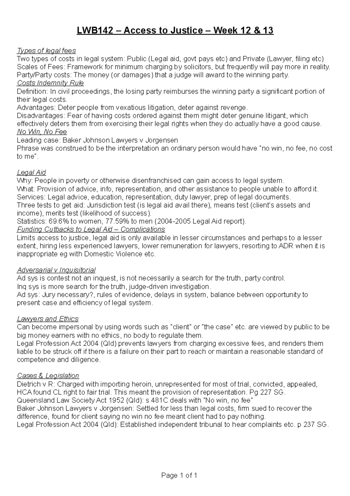 Access to Justice - NOTES - LWB142 – Access to Justice – Week 12 & 13 ...