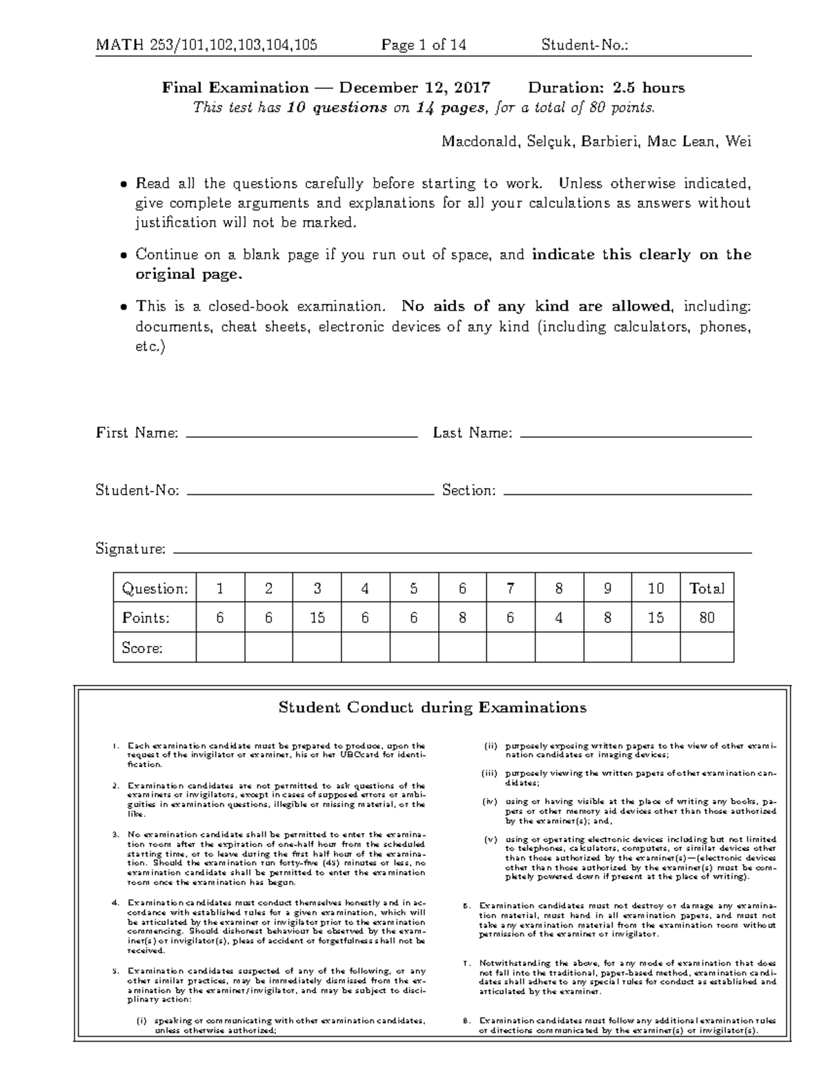 253-exam-17 - exam - Final Examination — December 12, 2017 Duration: 2 ...