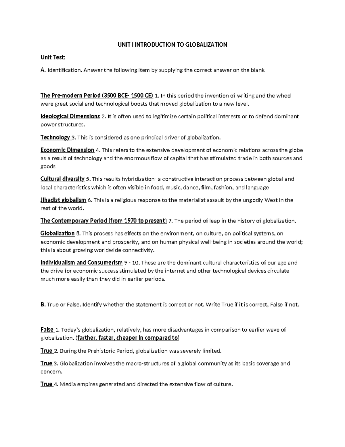 Contemporary Reviewer - UNIT I INTRODUCTION TO GLOBALIZATION Unit Test ...
