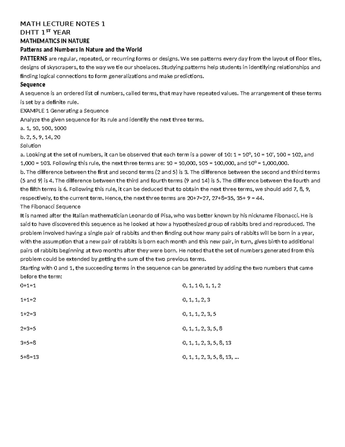 MATH Lecture Notes 1 - Nature of Mathematics - MATH LECTURE NOTES 1 ...