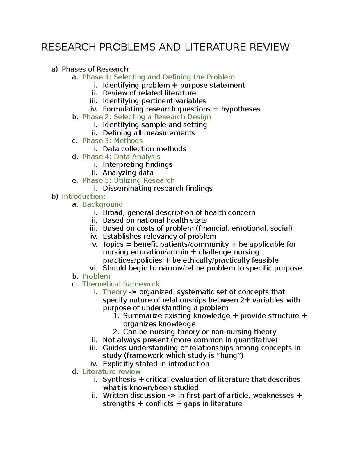 Research prob + lit review Notes - NURS 2700 - SLU - Studocu
