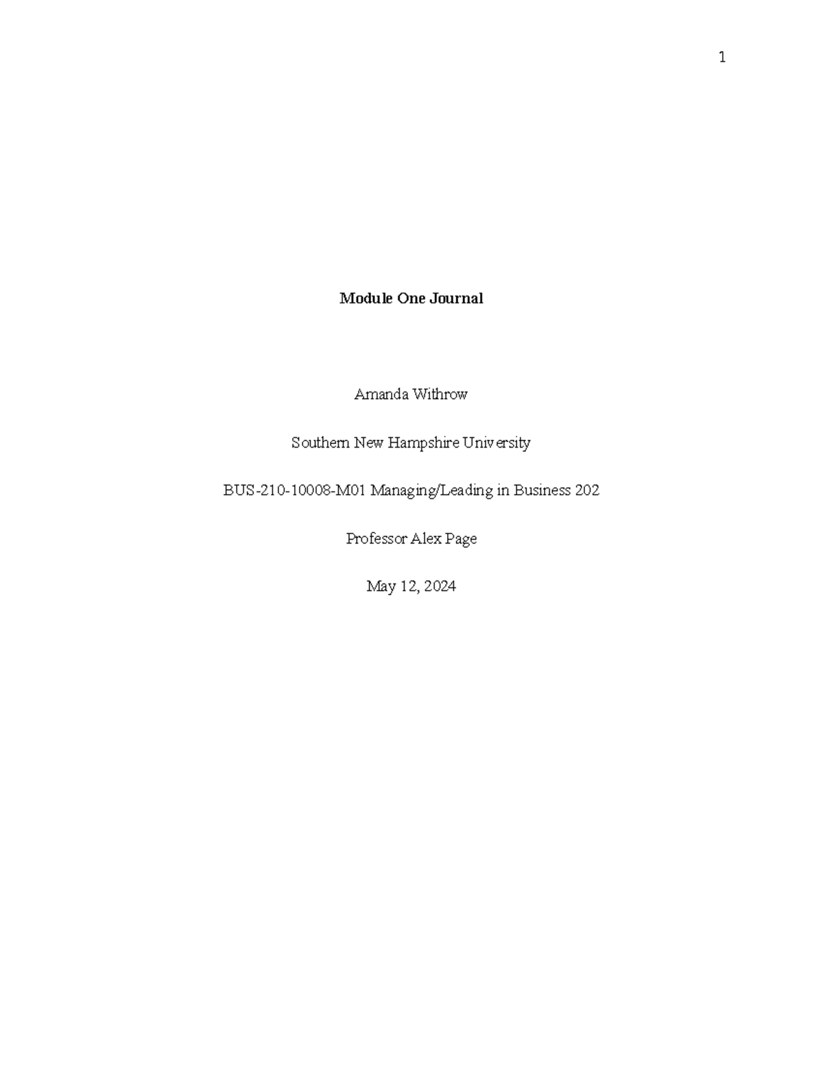 BUS 210 journal one - 1 Module One Journal Amanda Withrow Southern New ...