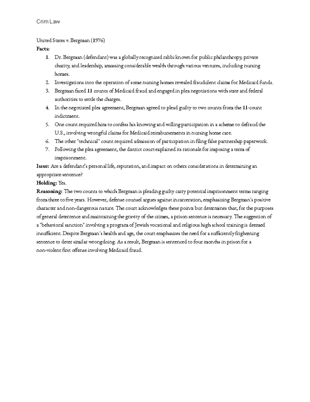 United States v. Bergman (1976) - Crim Law United States v. Bergman ...