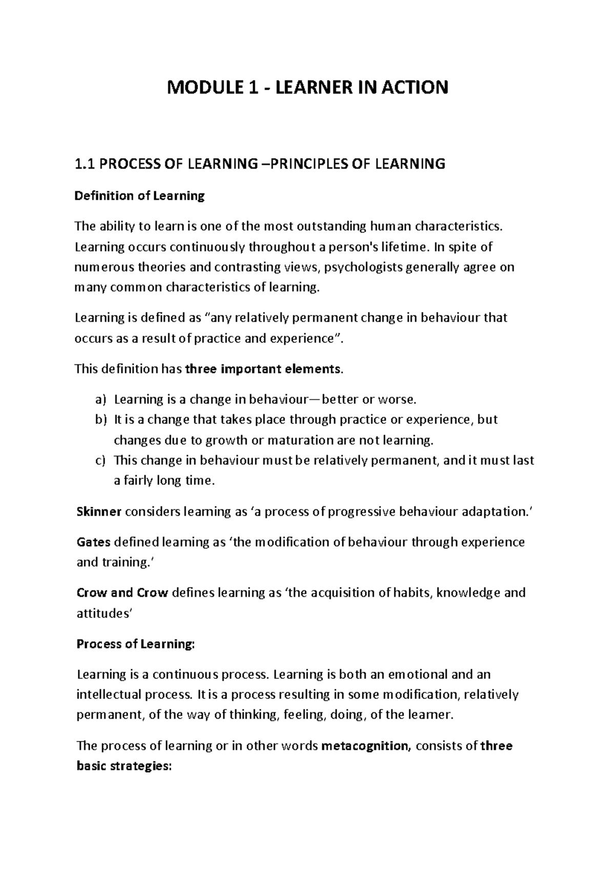 202 - Notes - MODULE 1 - LEARNER IN ACTION 1 PROCESS OF LEARNING ...