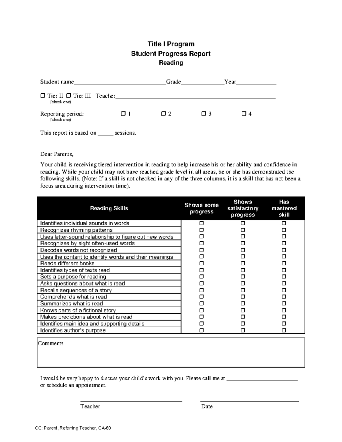 Reading Progress Report Form - CC: Parent, Referring Teacher, CA-60 ...
