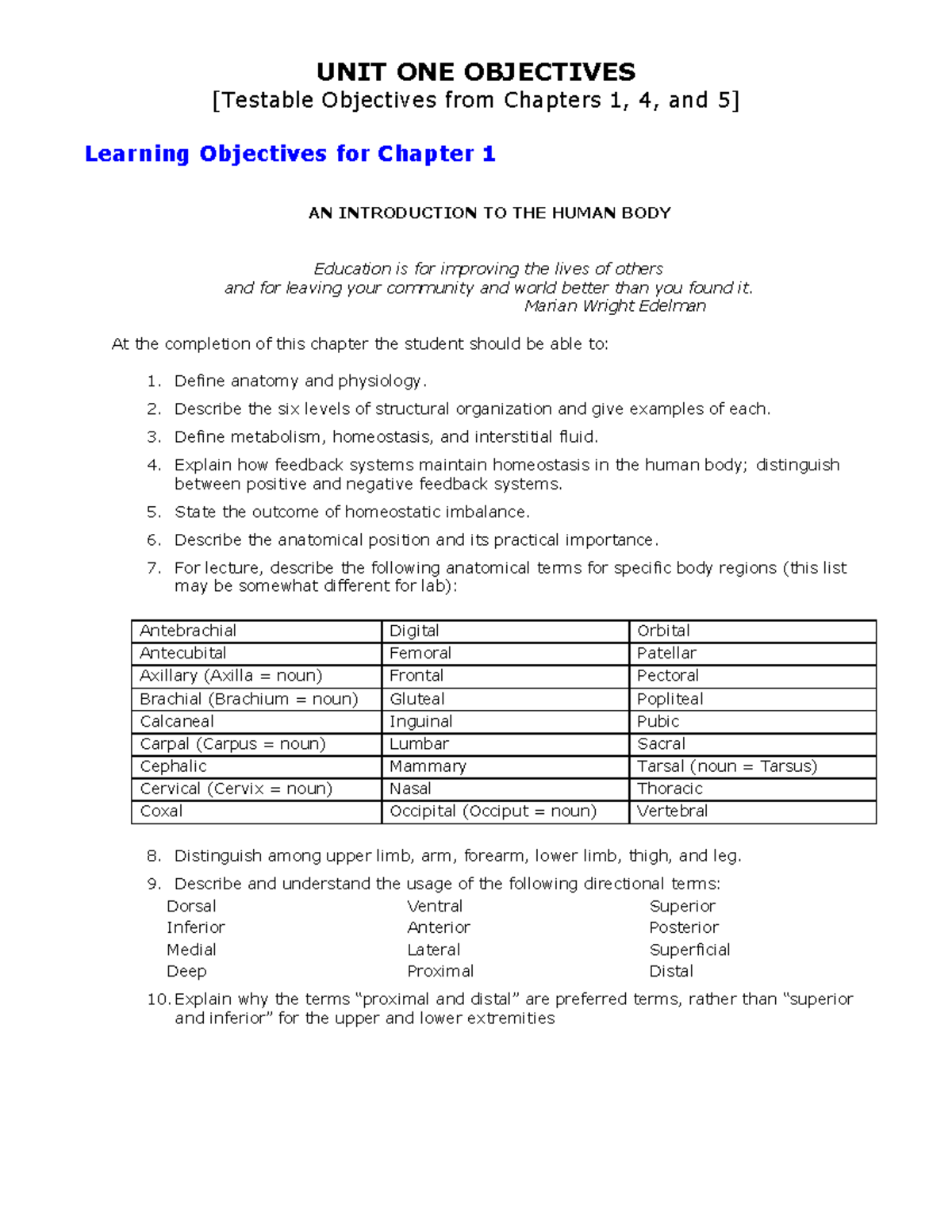 BSCI 201 Exam Objectives - UNIT ONE OBJECTIVES [Testable Objectives ...