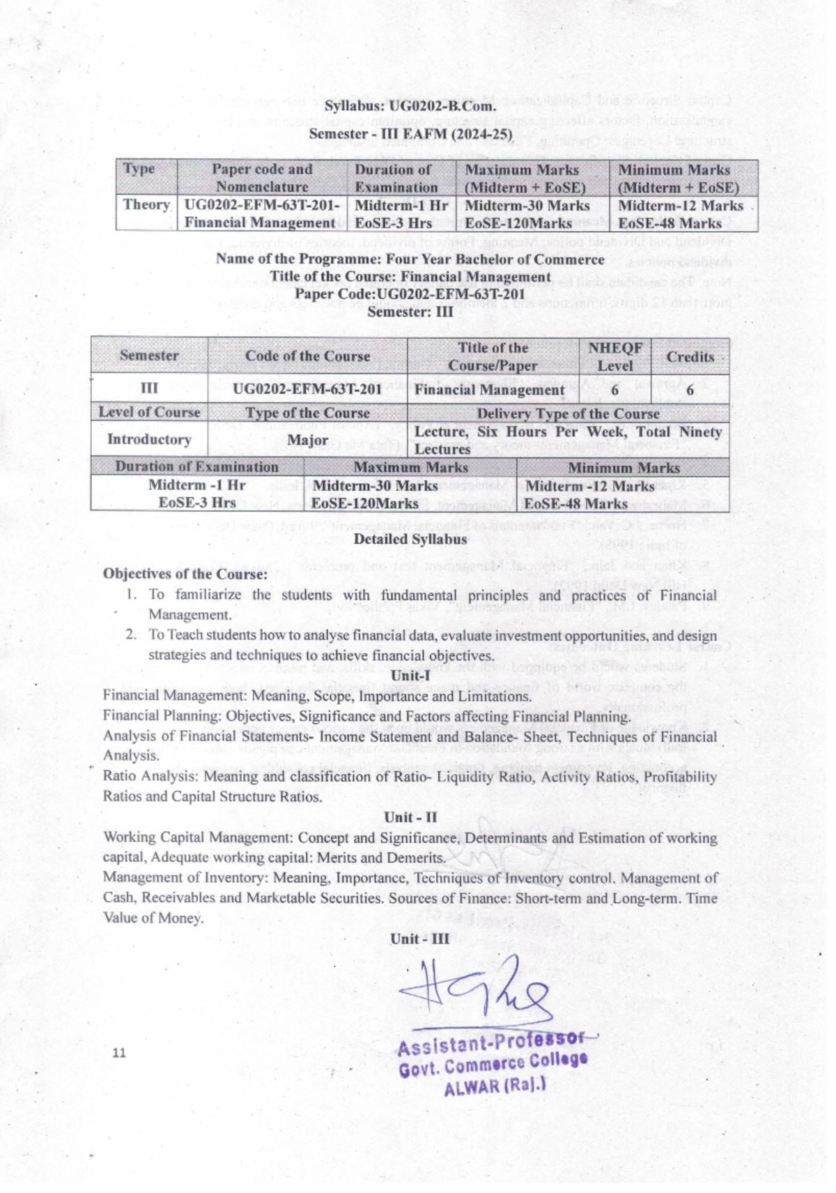 B.Com-III SEM-EAFM - ........ - Syllabus: Semester EAFM Type Paper code and Duration of Maximum ...
