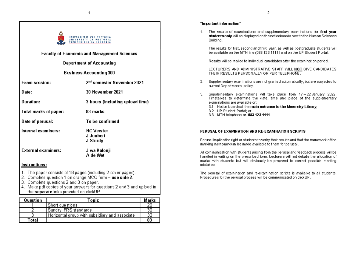 BAC 300 Exam 2021 Question paper Final - Faculty of Economic and ...