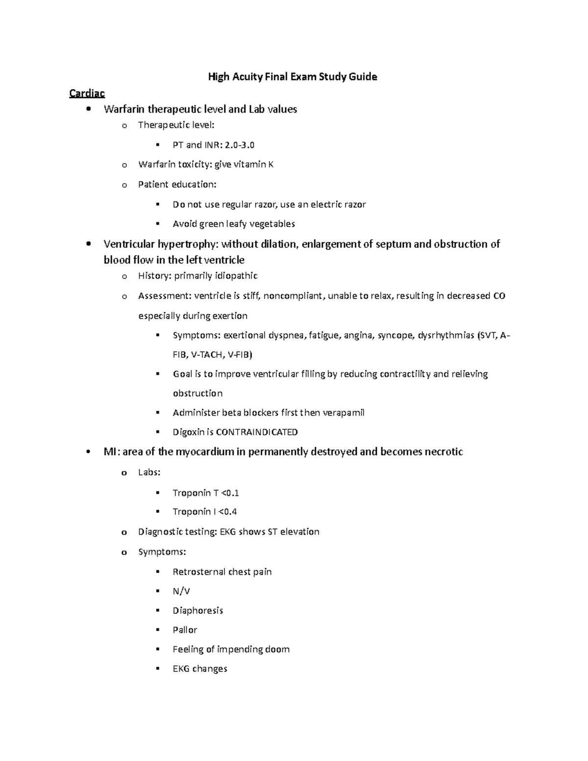 High Acuity Final Study Guide - NUR 432 - BU - Studocu