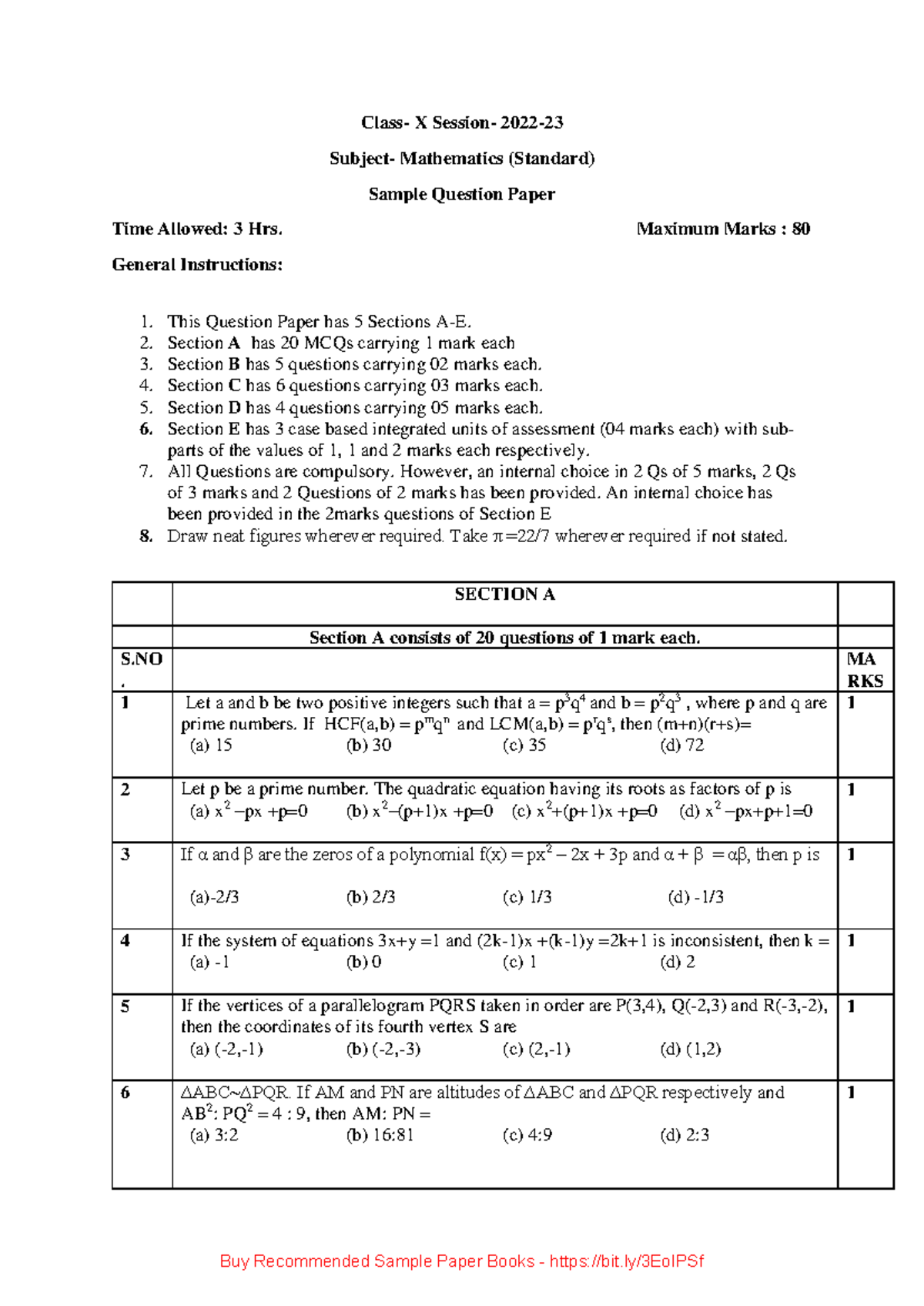 Maths Standard SQP class 10 2022 23 - Class- X Session- 2022- Subject- Mathematics (Standard ...