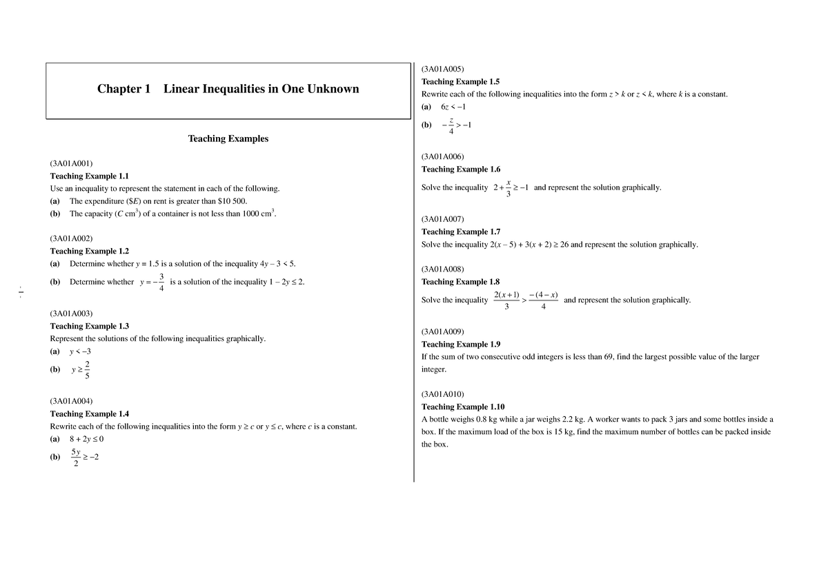 Chapter 1 Linear Inequalities in One Unknown - 1 - Chapter 1 Linear ...