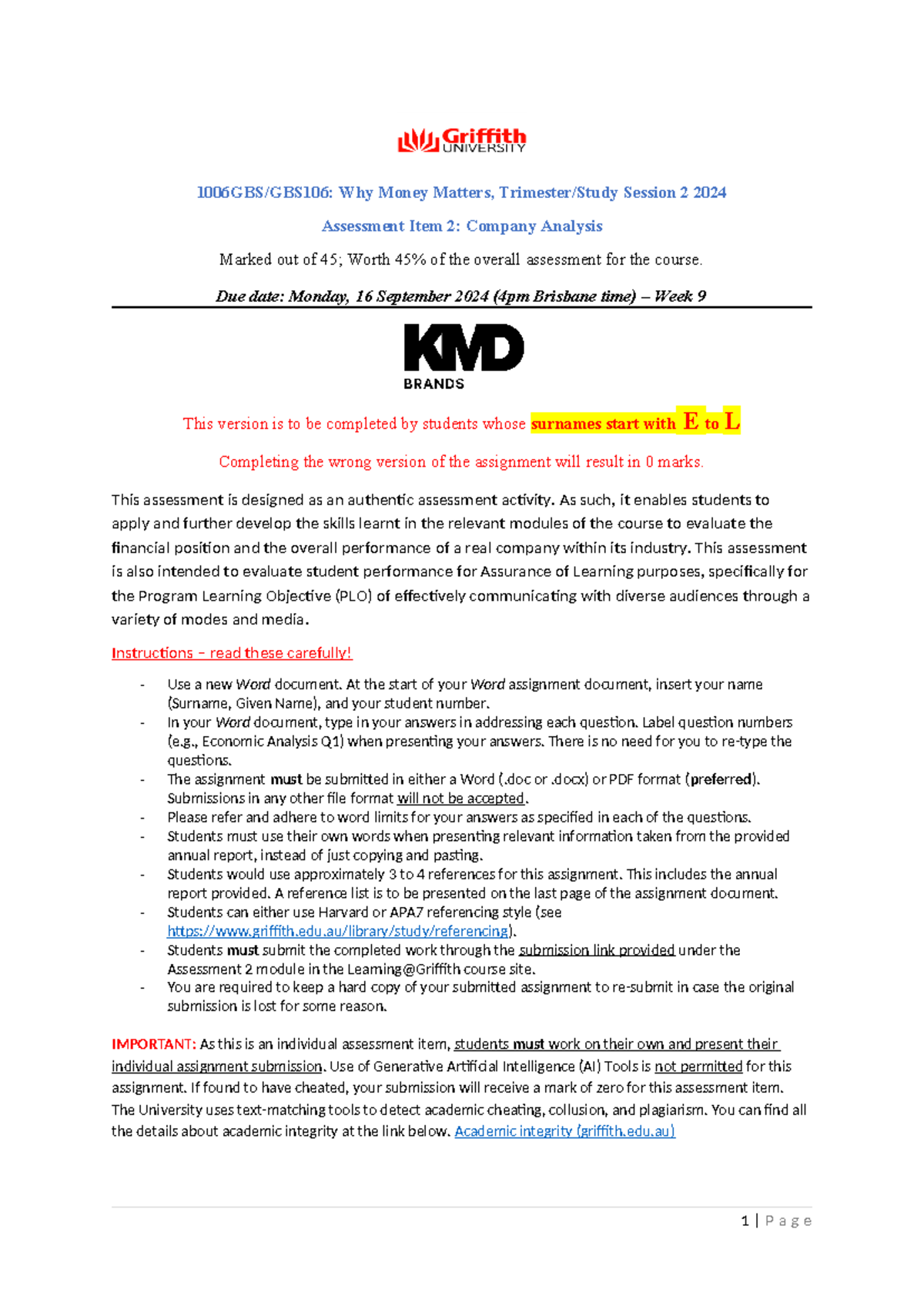 Assessment 2 KMD Brands II - 1006GBS/GBS106: Why Money Matters ...