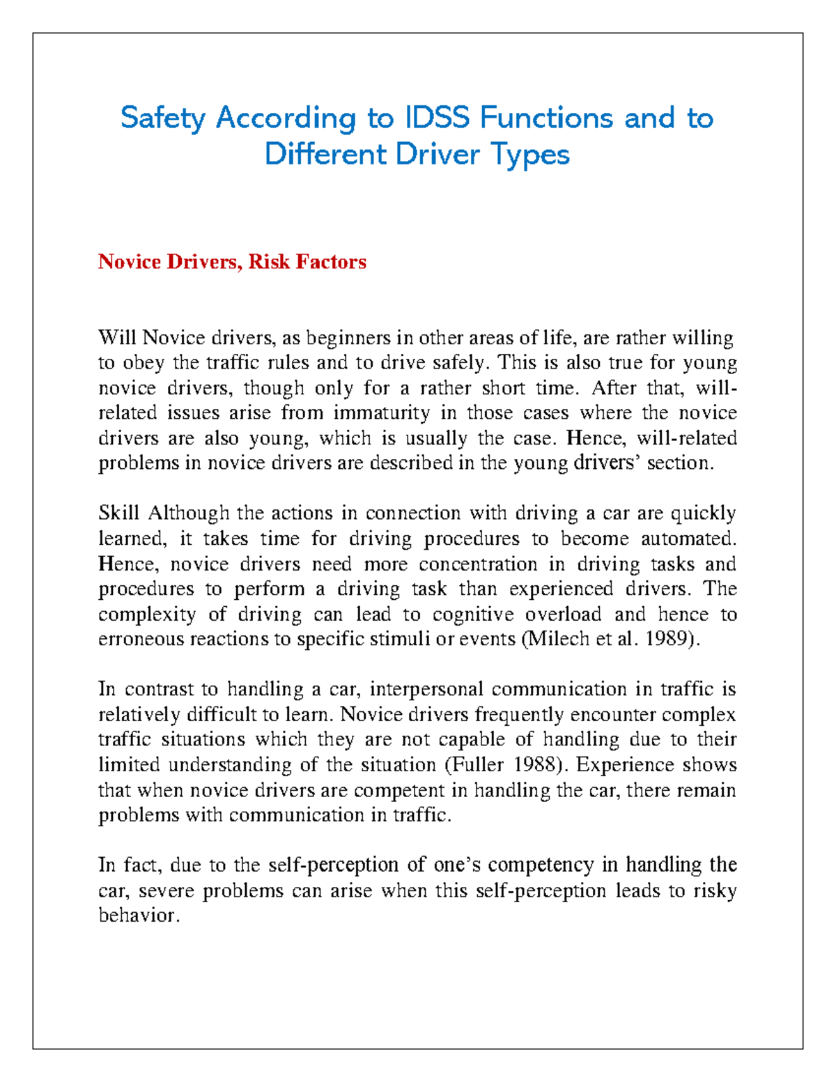 Novice Drivers, Risk Factors - Safety According to IDSS Functions and ...