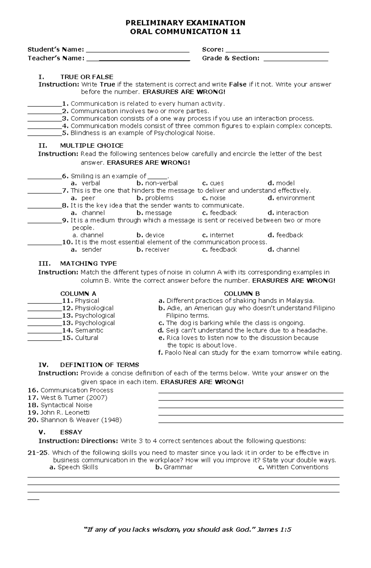 Prelim IN ORAL COMM - PRELIMINARY EXAMINATION ORAL COMMUNICATION 11 Student’s Name: - Studocu