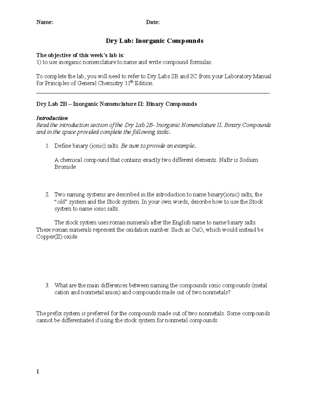 2B2C lab assignment - Dry Lab: Inorganic Compounds The objective of ...