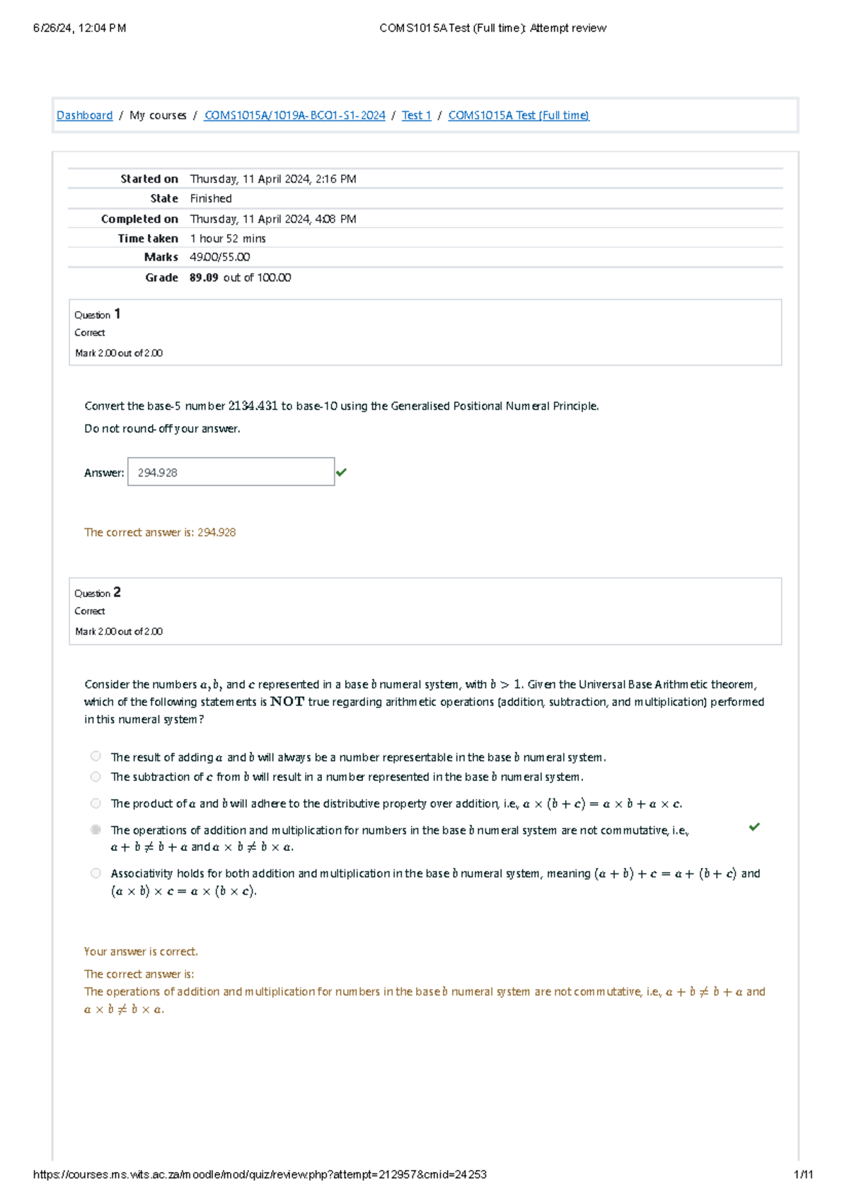 COMS1015 A Test (Full time) Test 1 2024 - Dashboard / My courses ...
