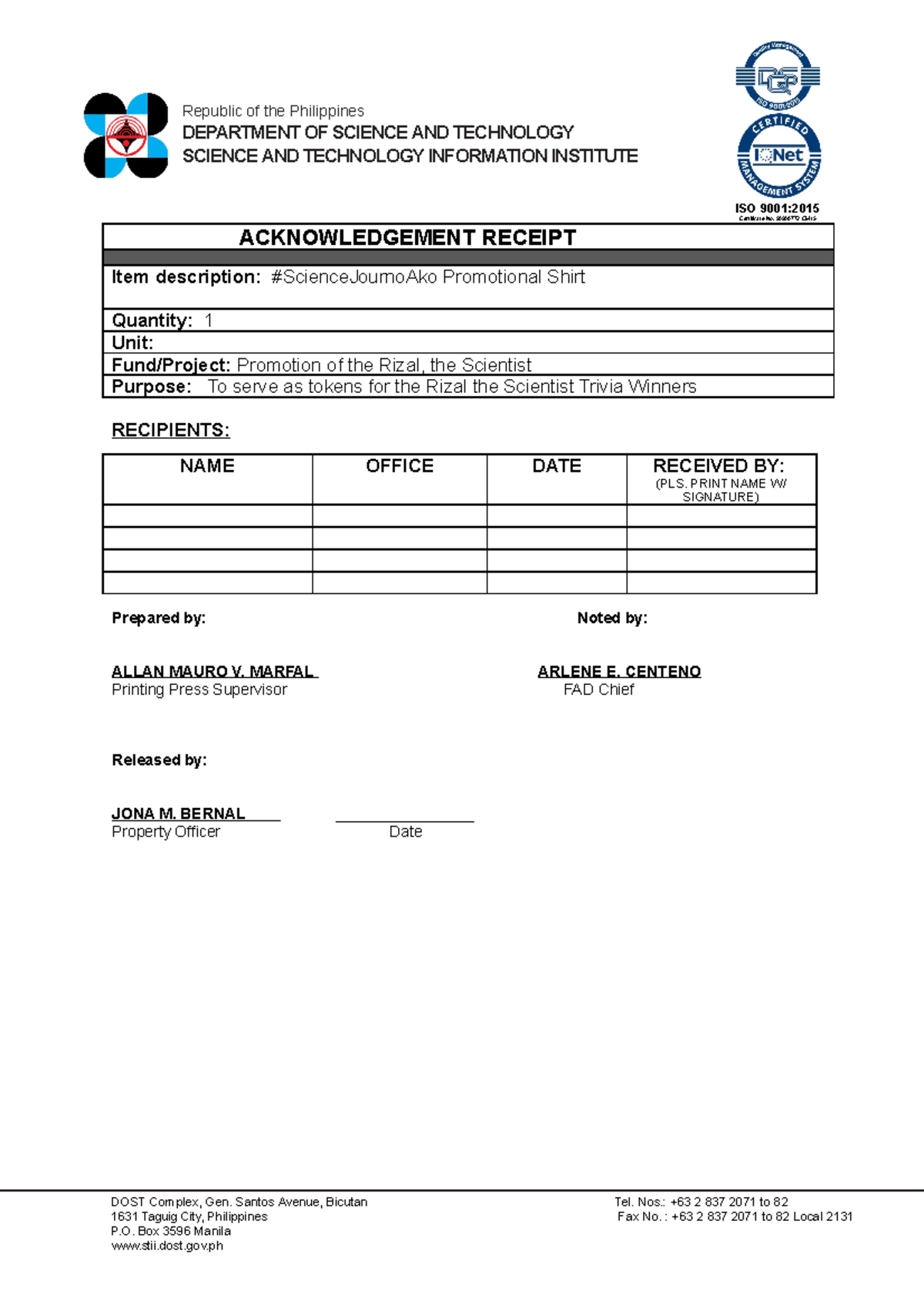 Acknowledgement-Receipt- Rizal the Scientist winners - Republic of the ...