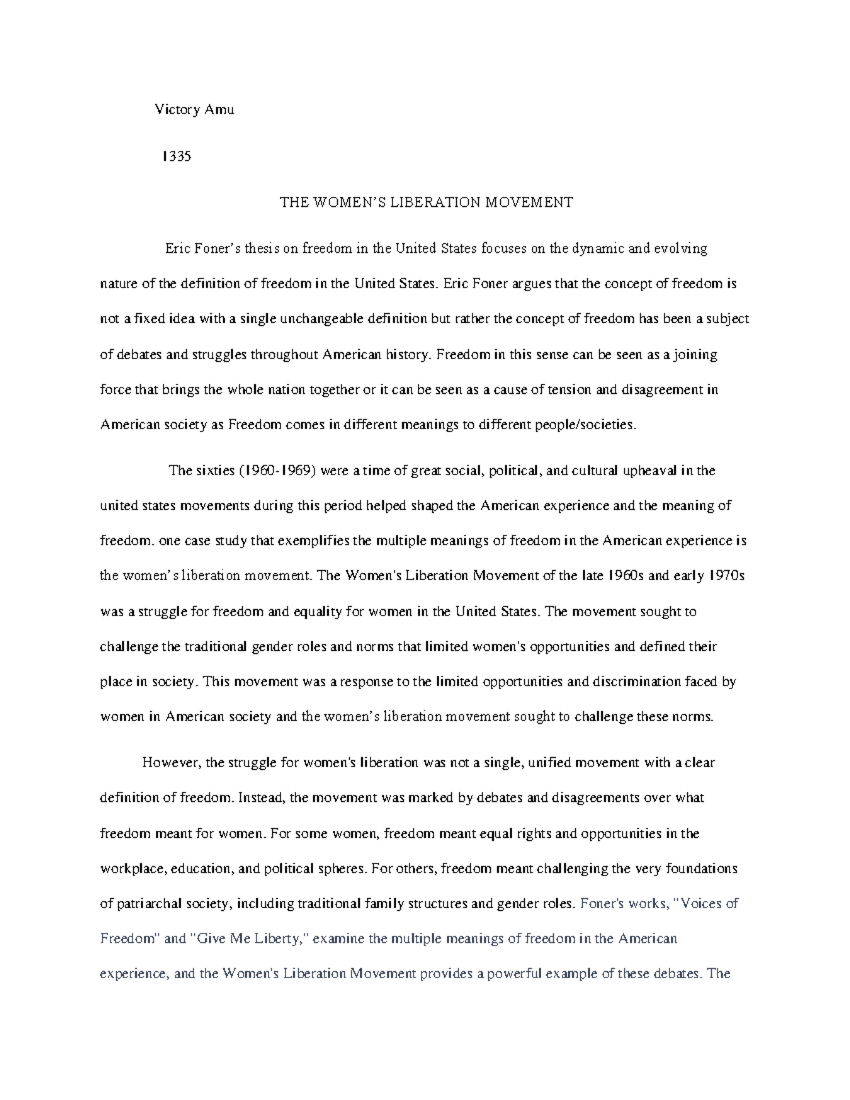 History final - An essay about the Women's Liberation Movement ...
