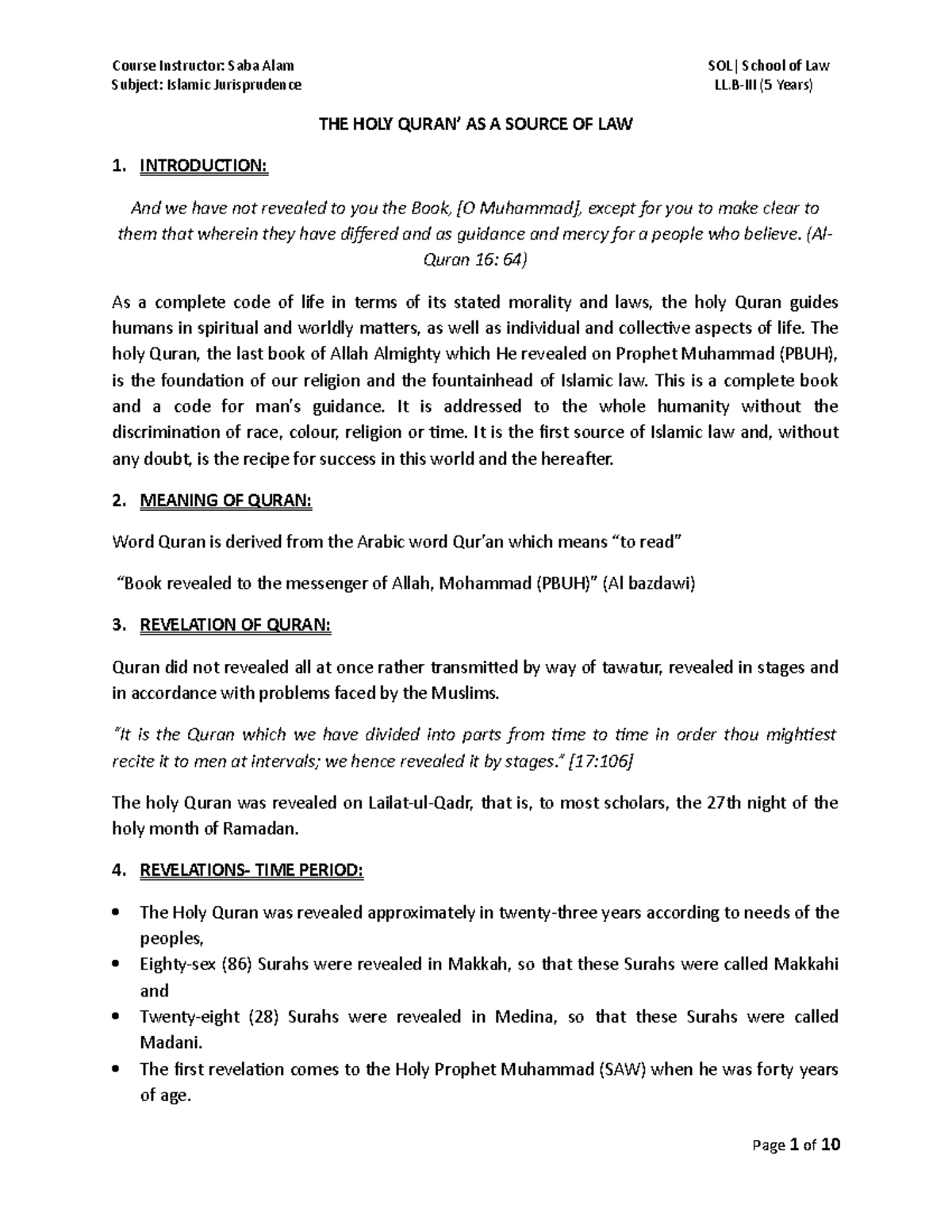 1. THE HOLY Quran - Subject: Islamic Jurisprudence LL-III (5 Years) THE ...