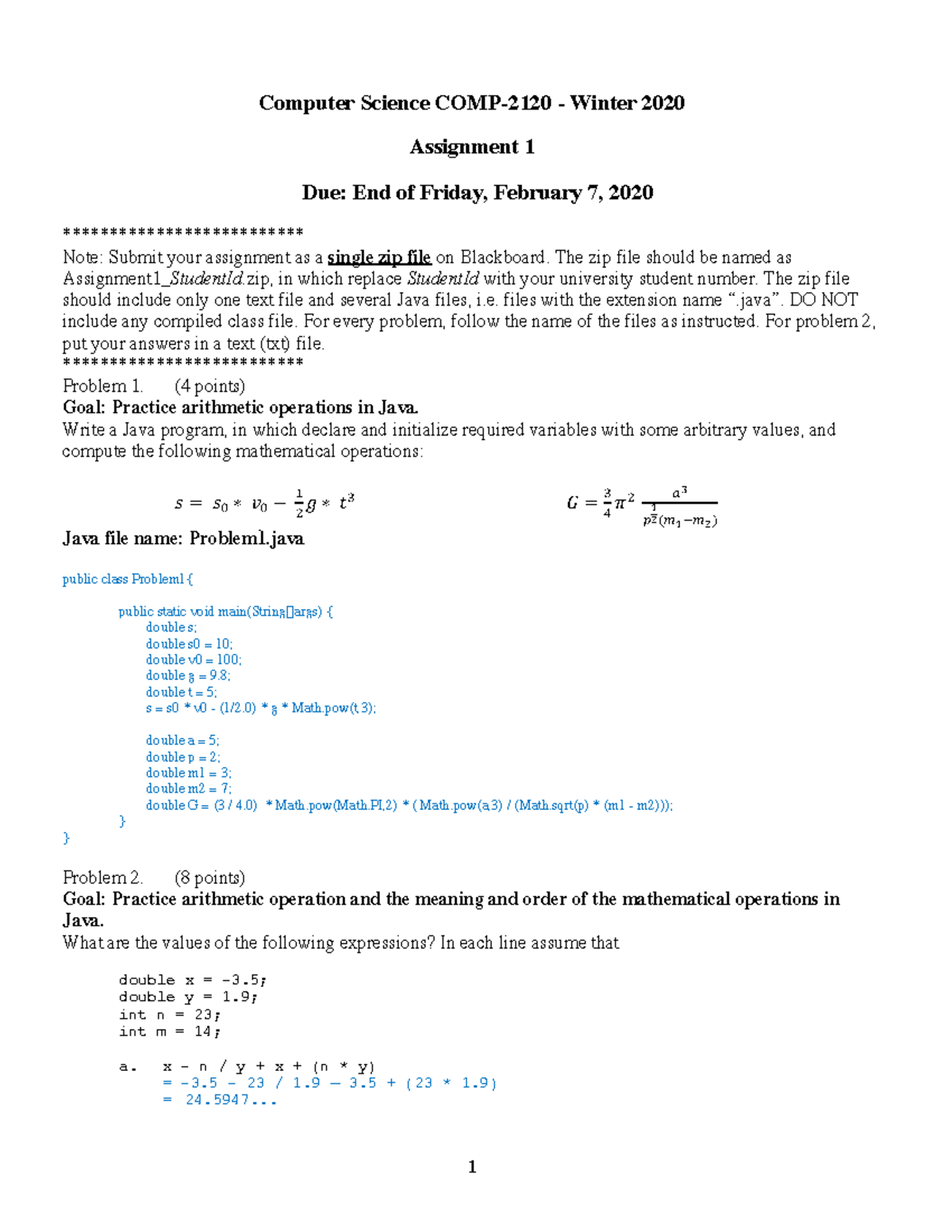 Assignment 1-Sample Solutions - Computer Science COMP-2120 - Winter ...