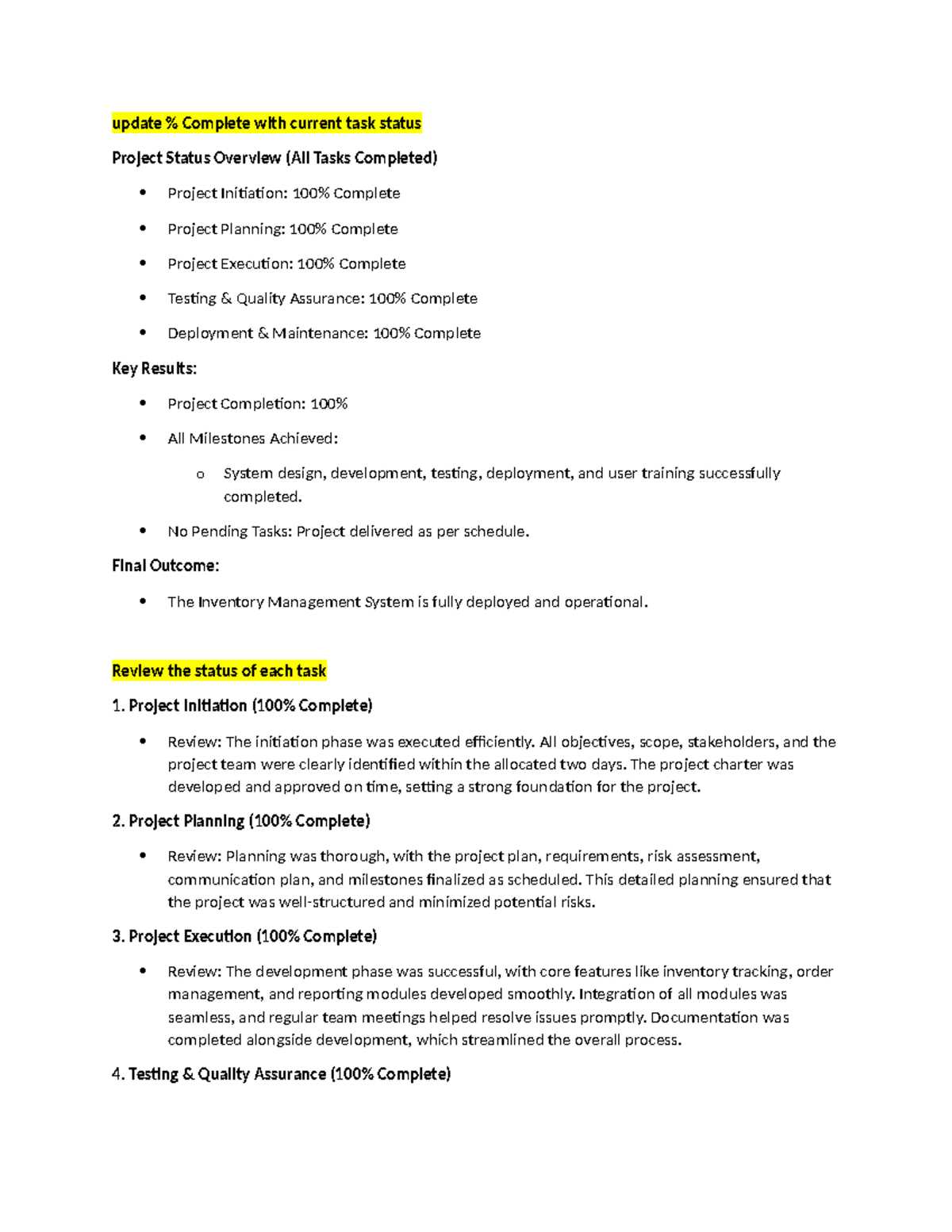 Practical 2 - update % Complete with current task status Project Status ...