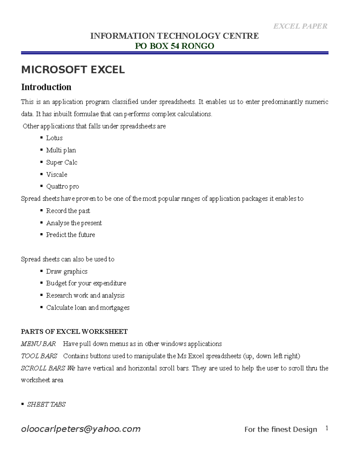 Ms Excel notes - INFORMATION TECHNOLOGY CENTRE PO BOX 54 RONGO ...