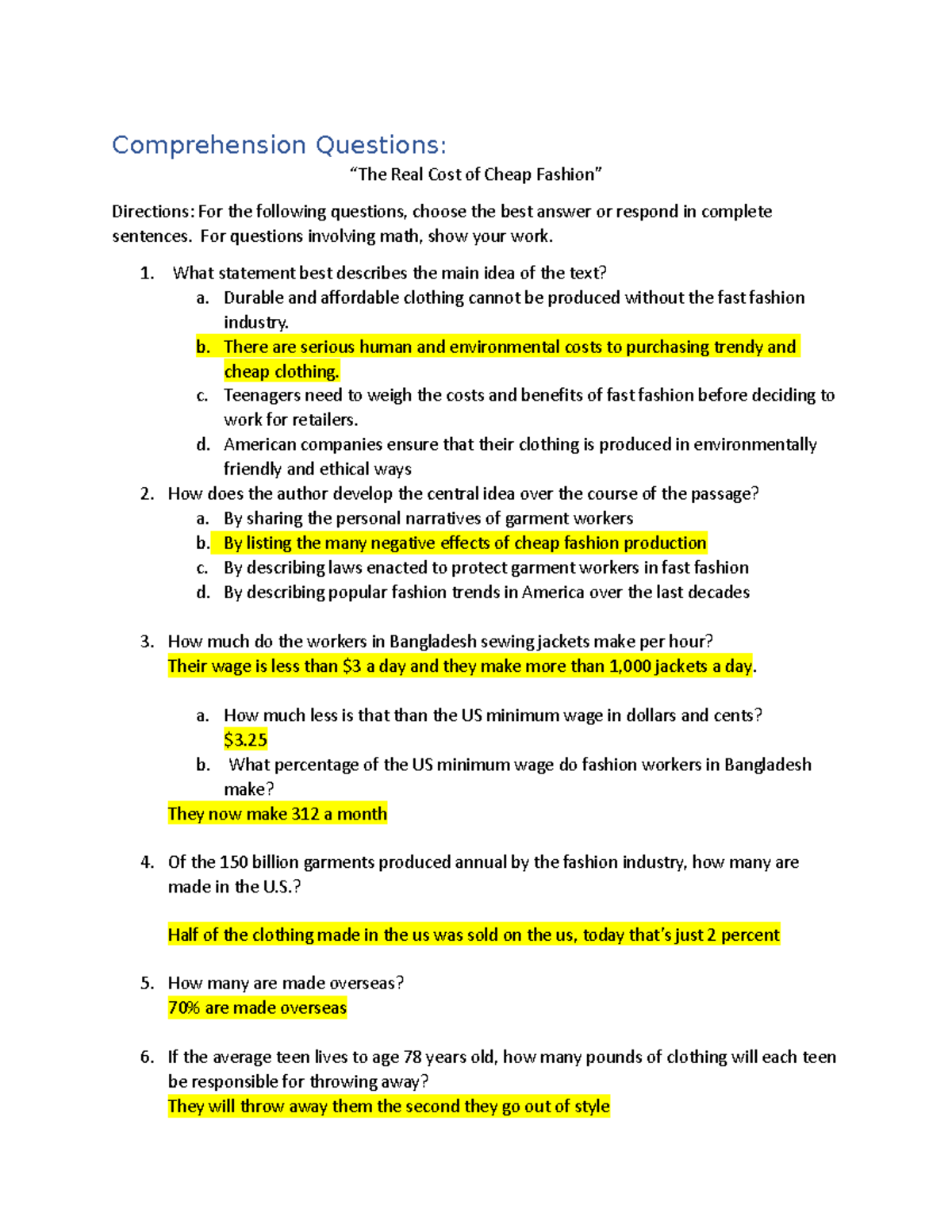 Fast Fashion Student Worksheet - Comprehension Questions: “The Real ...