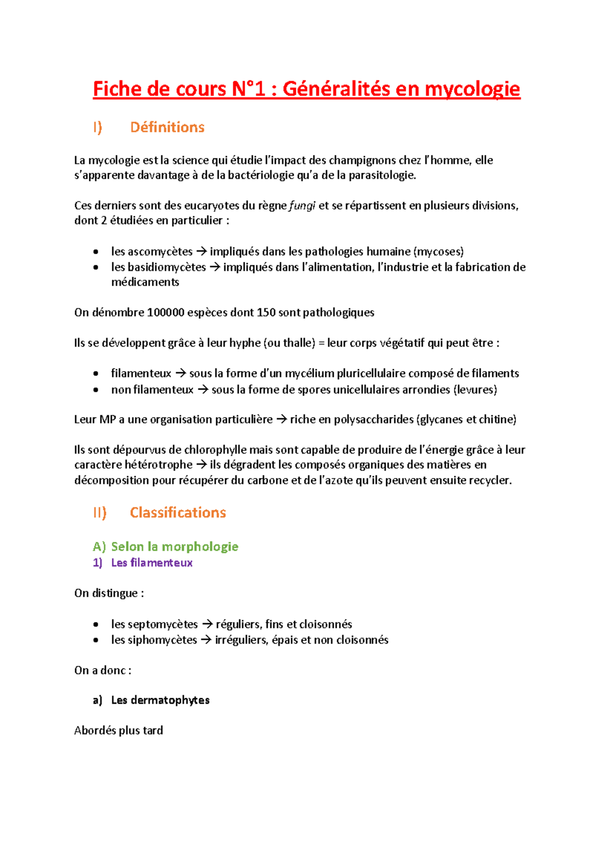 FC1 - Généralité en mycologie - Fiche de cours N°1 : Généralités en mycologie I) Définitions La ...