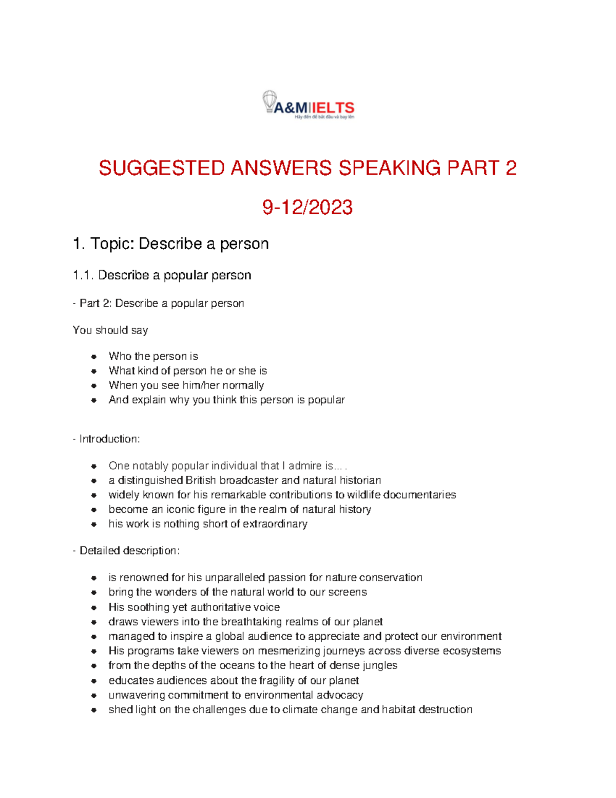 Suggested Answers Speaking PART 2 9-12 2023 - SUGGESTED ANSWERS ...