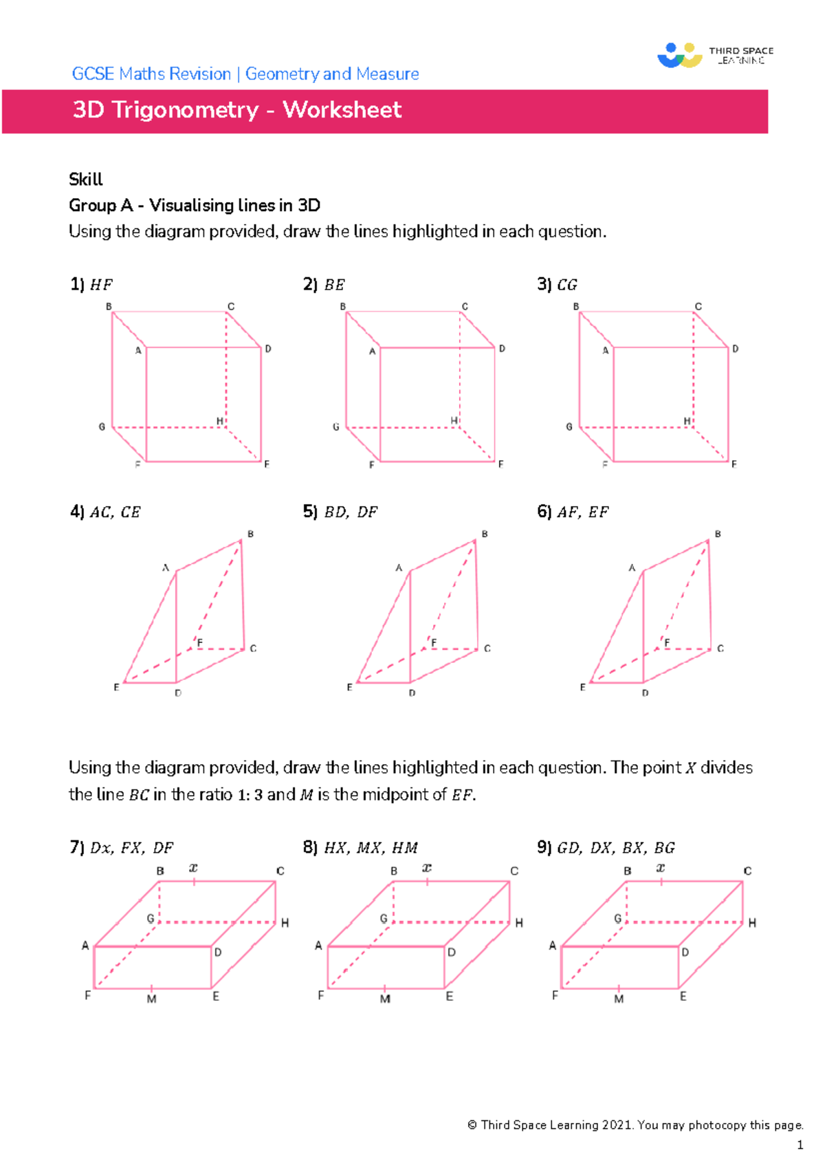 Third Space Learning 3D Trigonometry GCSE Worksheet 1 - 3D Trigonometry ...