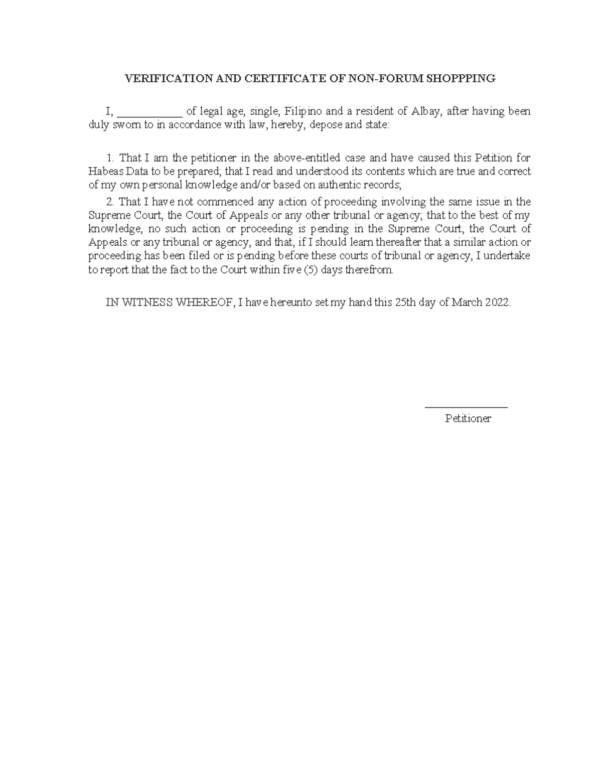 Verification AND Certificate OF NON FORUM SHOPPING - VERIFICATION AND ...