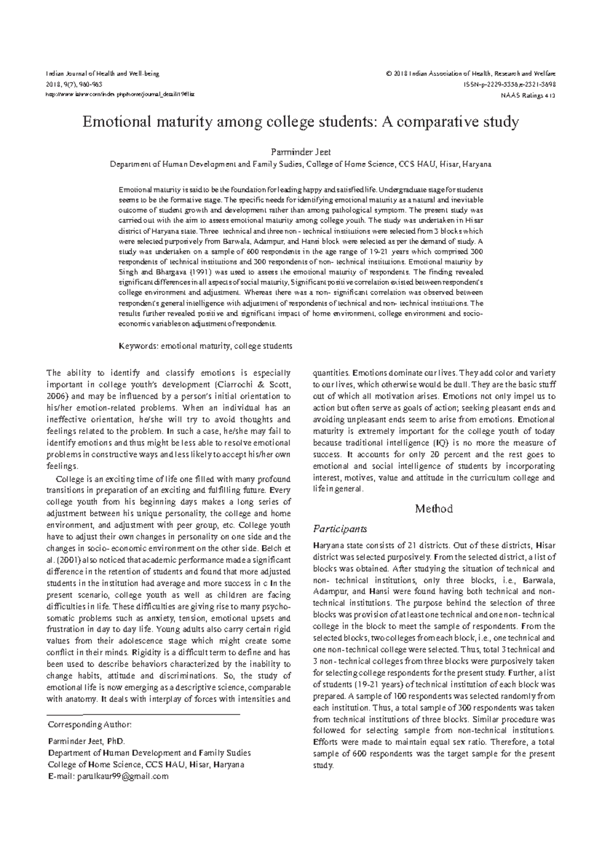 Emotional maturity among college students- A comparative study ...
