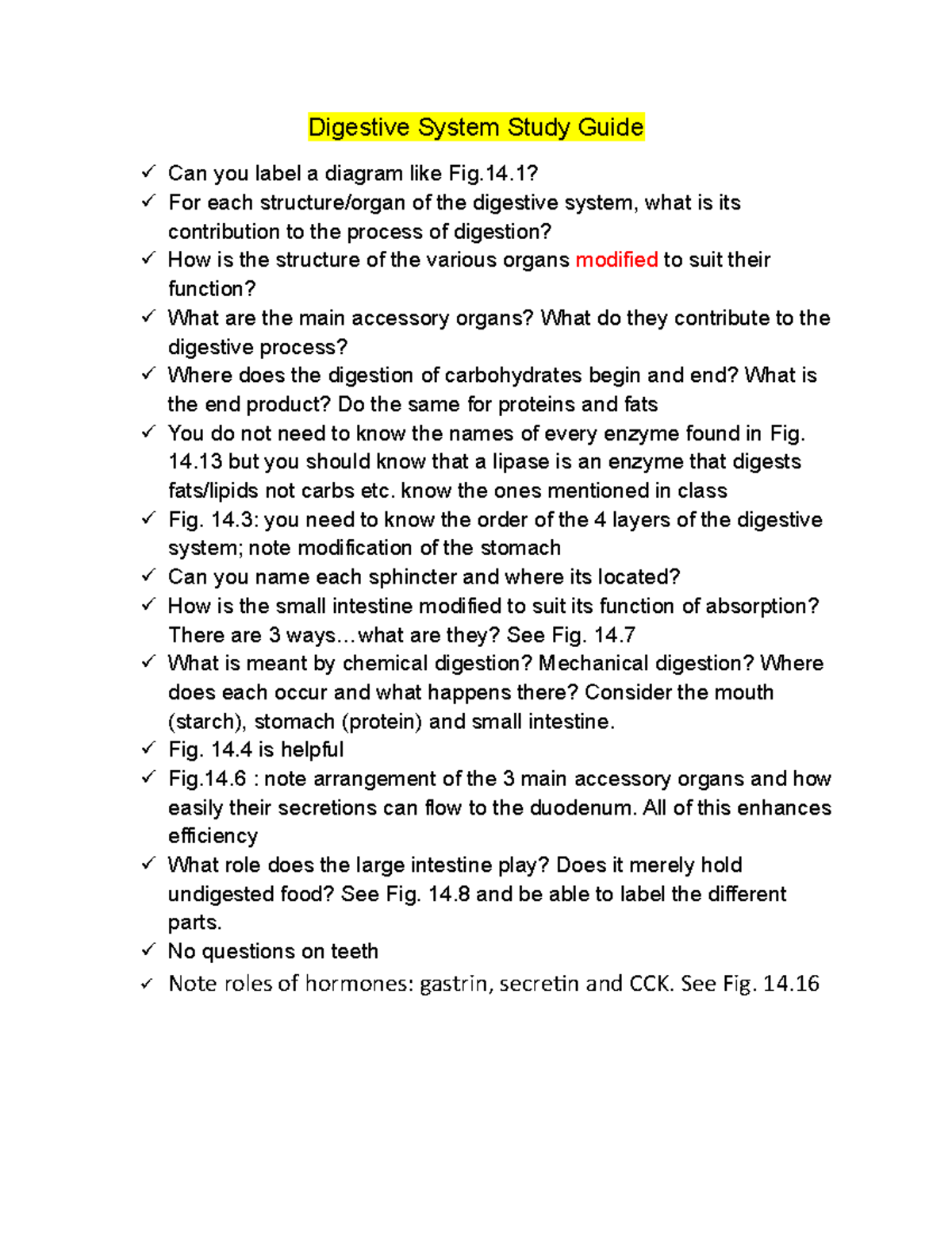 Digestive System Study Guide - 14? For each structure/organ of the ...