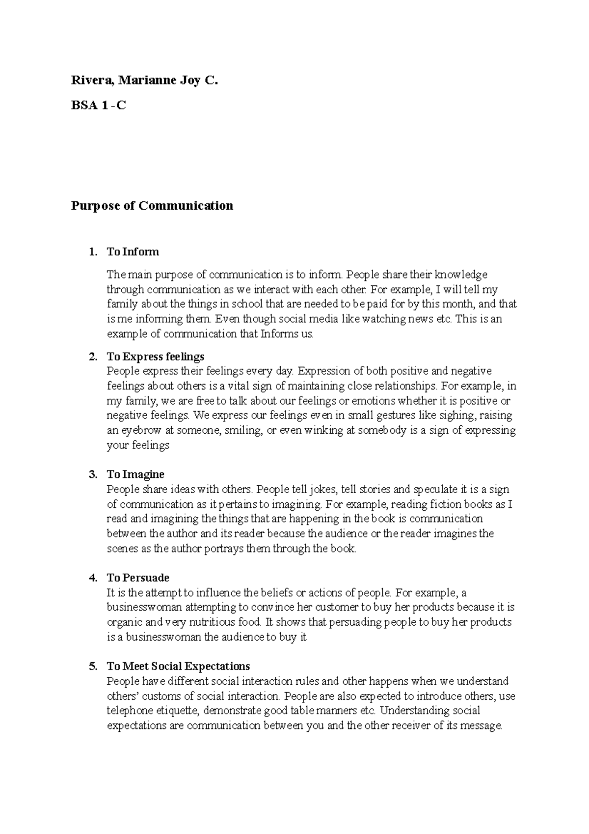 Assignment in Communication - Rivera, Marianne Joy C. BSA 1 -C Purpose ...