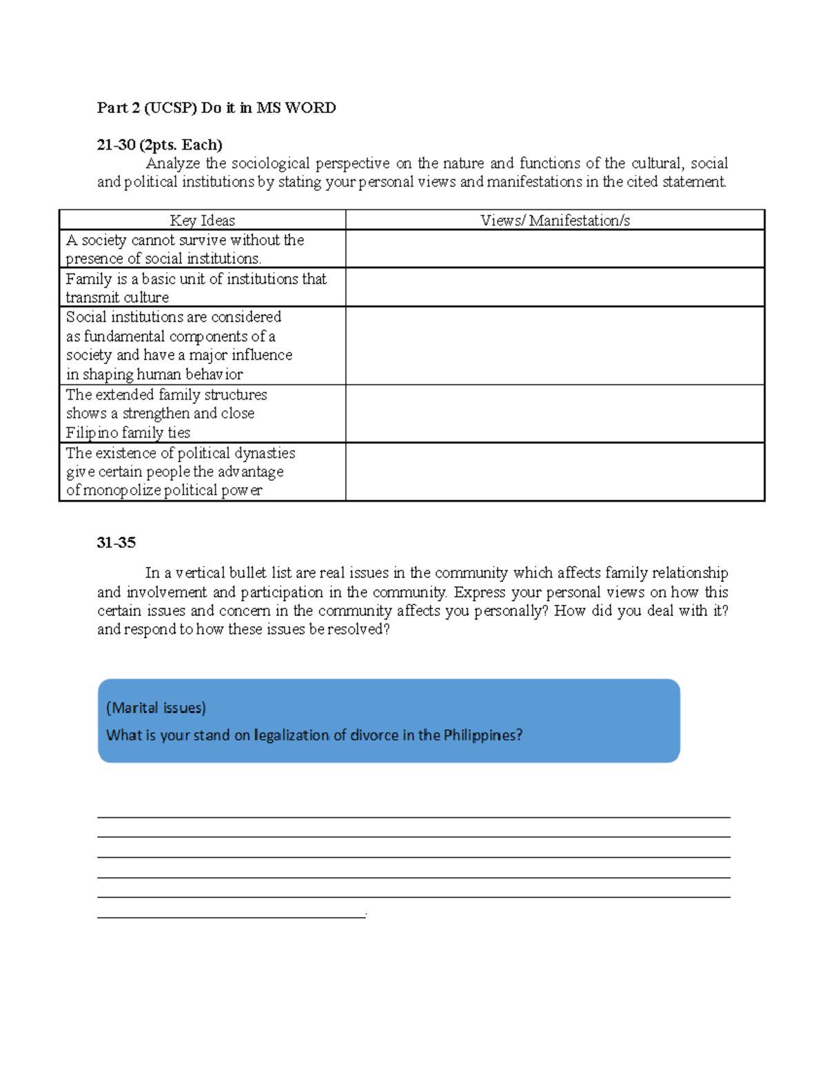 Part 2 ( UCSP 2nd Monthly) - Part 2 (UCSP) Do it in MS WORD 21-30 (2pts ...